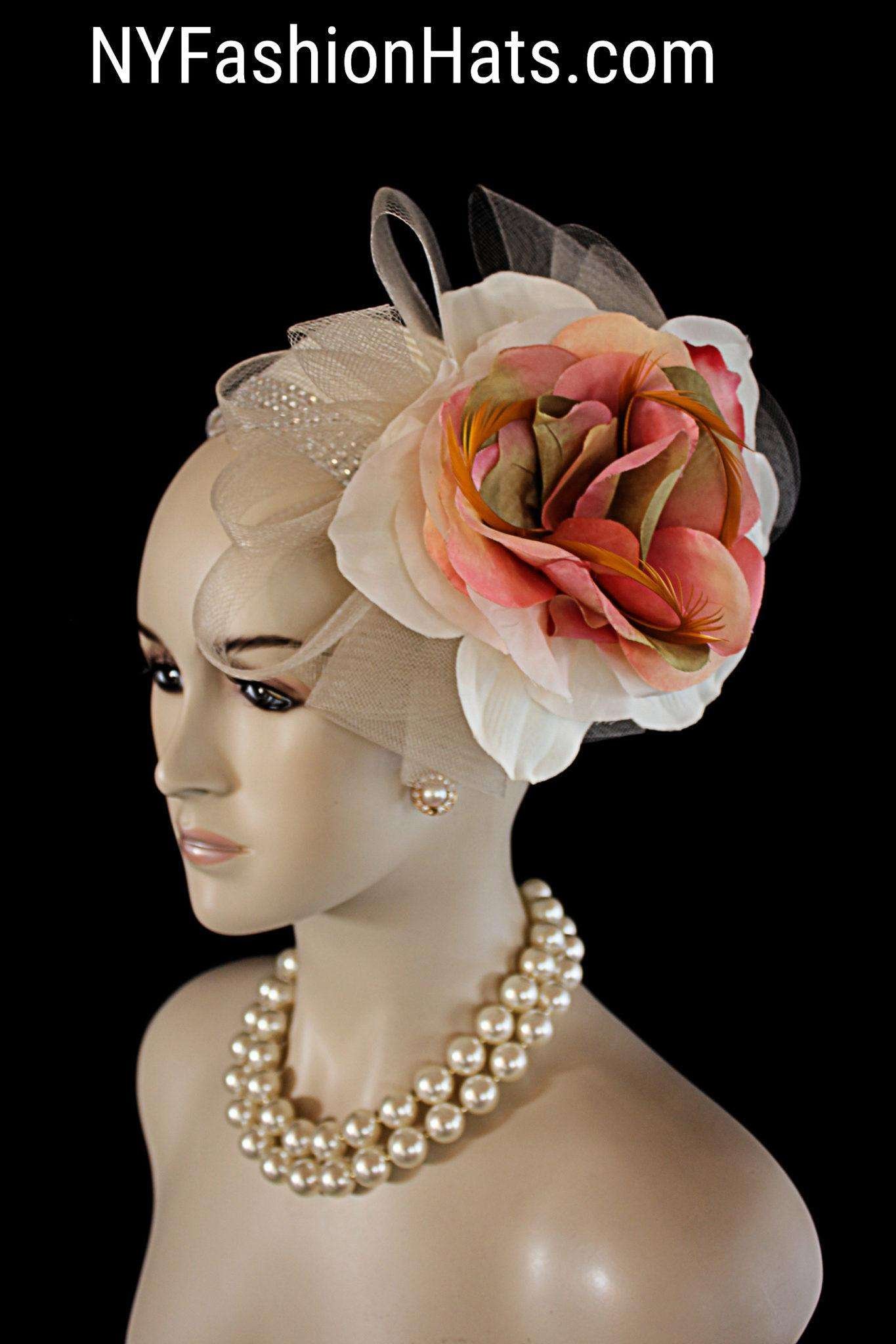 Women's Designer Ivory Coral Peach Beige Pillbox Cocktail Hat Wedding ...